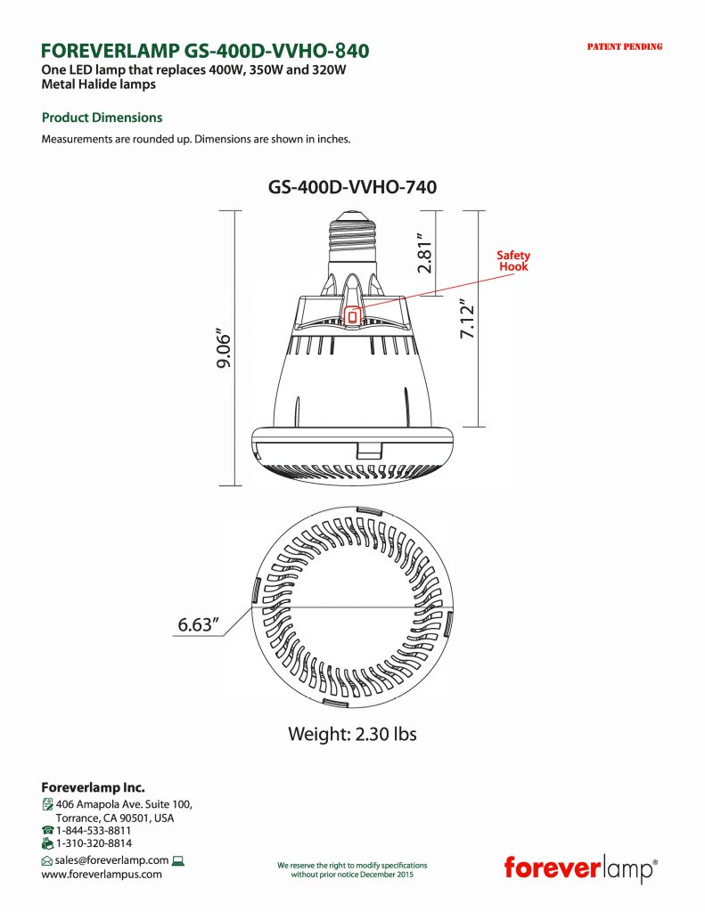 Foreverlamp Foreverlux GS-400D-VVHO-740 Lamp (4000K) Spec. Sheet ...